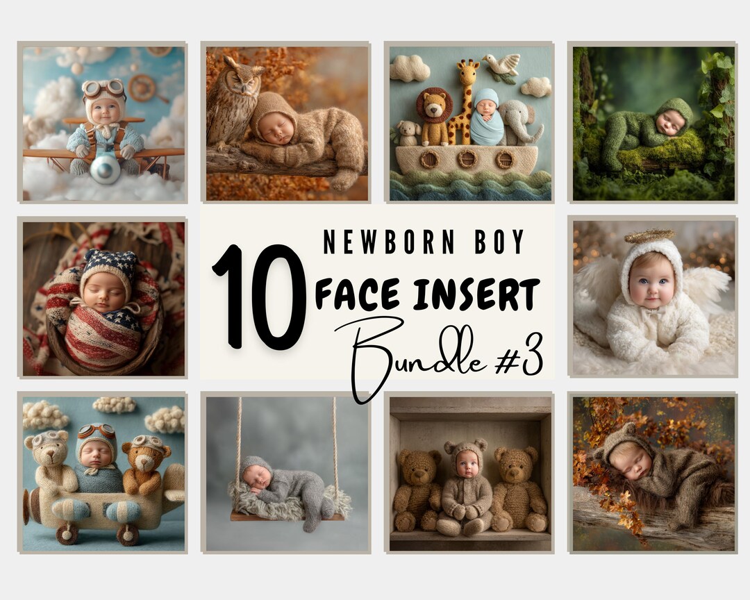 10 Newborn Boy Face Insert Digital Backdrops | Add Face PNG Photo Prop ...