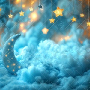 Blue Newborn Digital Backdrop, Dream in the Clouds, Background Moon and ...