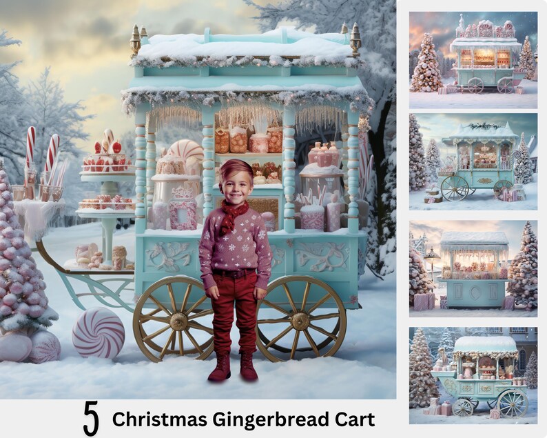 5 Blue Gingerbread Digital Backdrops, Christmas Candy Shop Cart ...