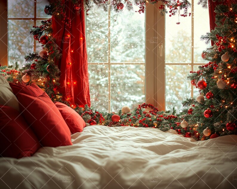 Christmas Digital Backdrop, Studio Photo Portraits, Xmas Bed Background ...
