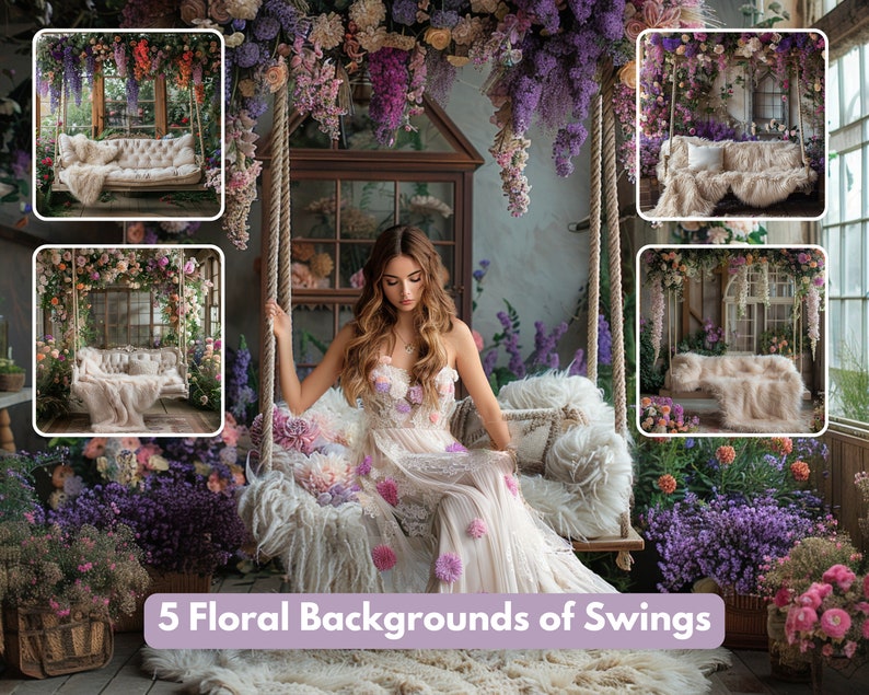 5 Flowering Studio Swings, Spring Digital Background, Baby Girl ...