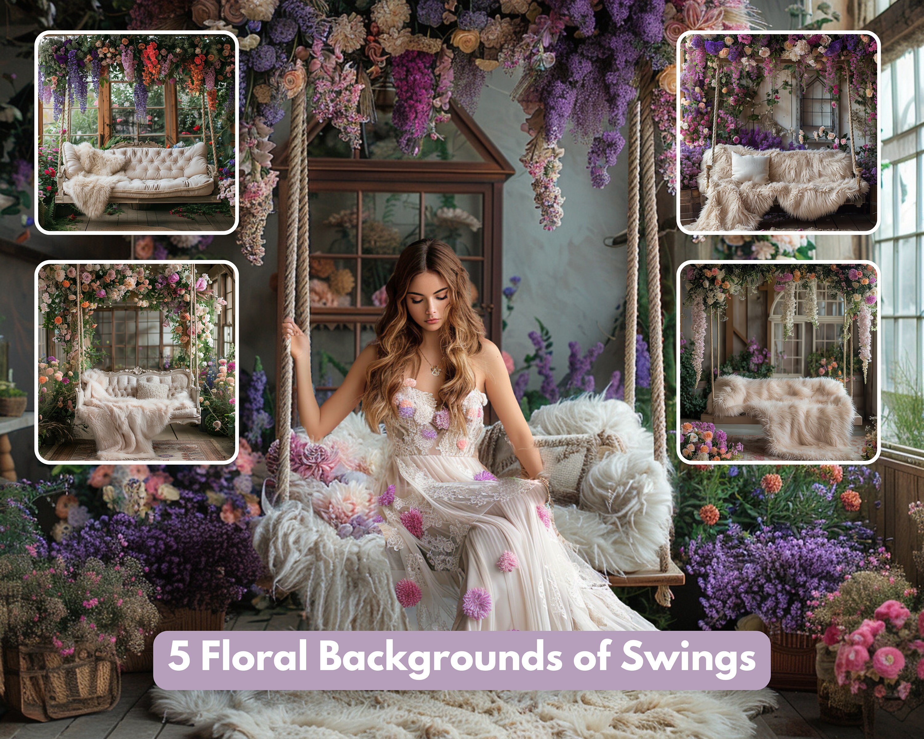 5 Flowering Studio Swings, Spring Digital Background, Baby Girl ...