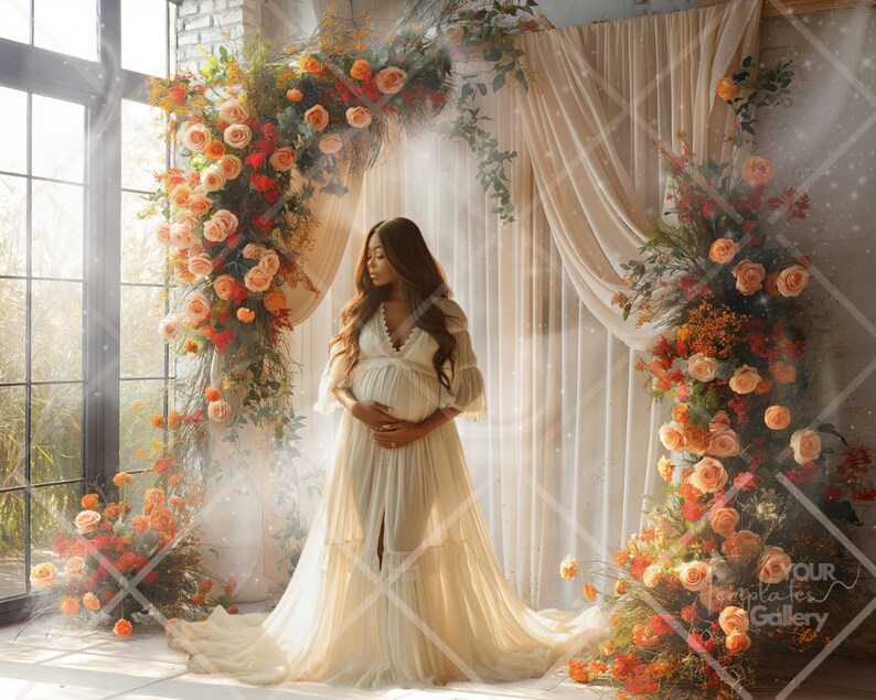 Maternity Backdrop Overlays, Studio Photography Digital, Beige Floral ...