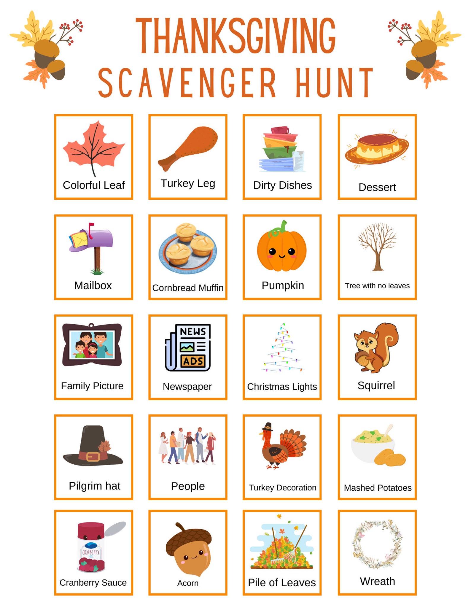 Printable Thanksgiving Scavenger Hunt Kids Thanksgiving Game ...