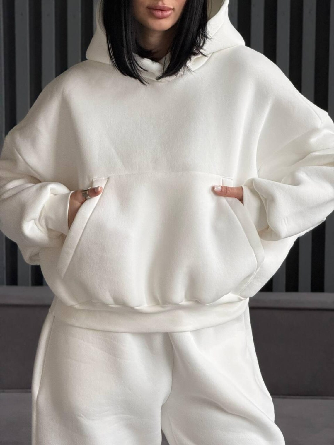 White Fleece Tracksuit – Oversized Hoodie and Joggers Set – Cozy ...