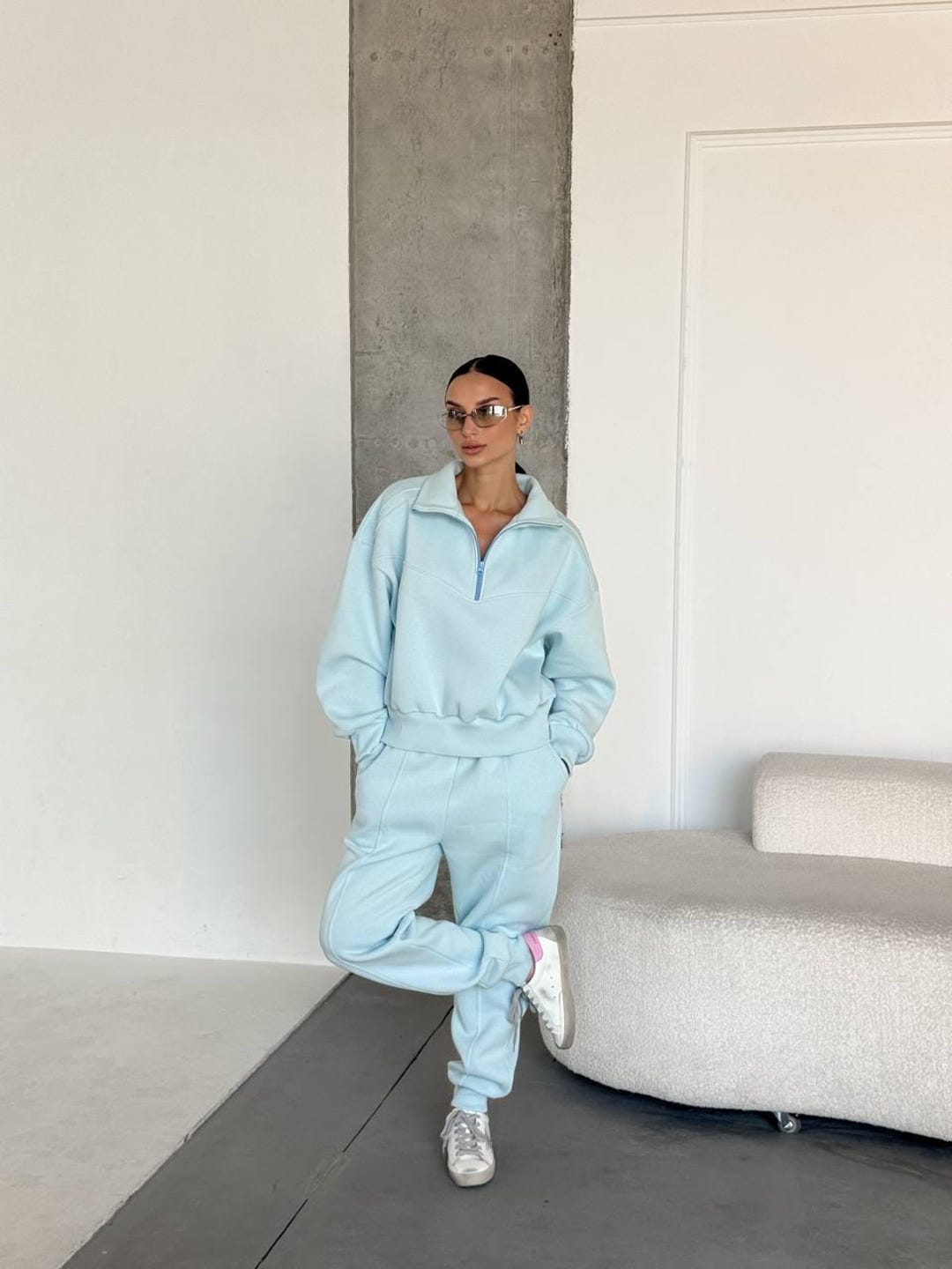 Ice Blue Fleece Tracksuit Set – Oversized Sweatshirt & Joggers | Size ...
