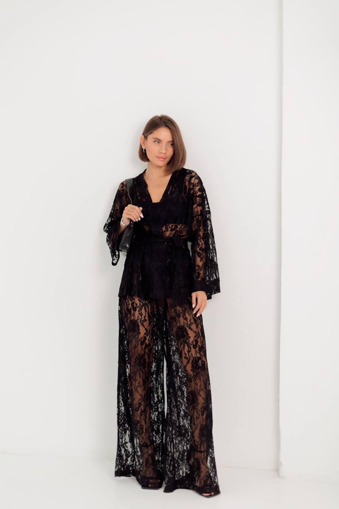 Black Lace Two-piece Set – Sheer Long Sleeve Robe and Wide-leg Pants ...