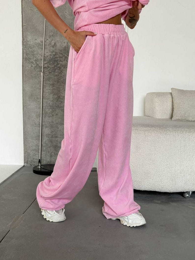 Pink Velour Tracksuit Women Limited Edition Cropped Sweatshirt Wide Leg ...