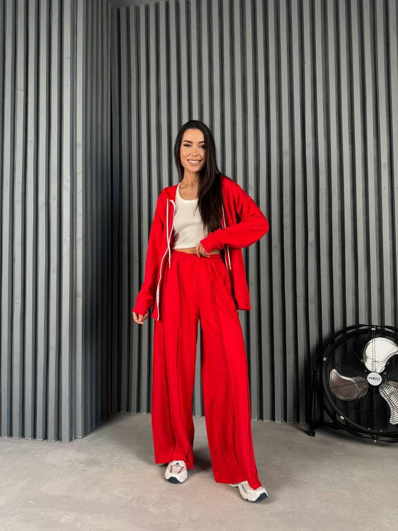 3-piece Red Oversized Tracksuit Set – Zip Hoodie, Ribbed Tank Top ...