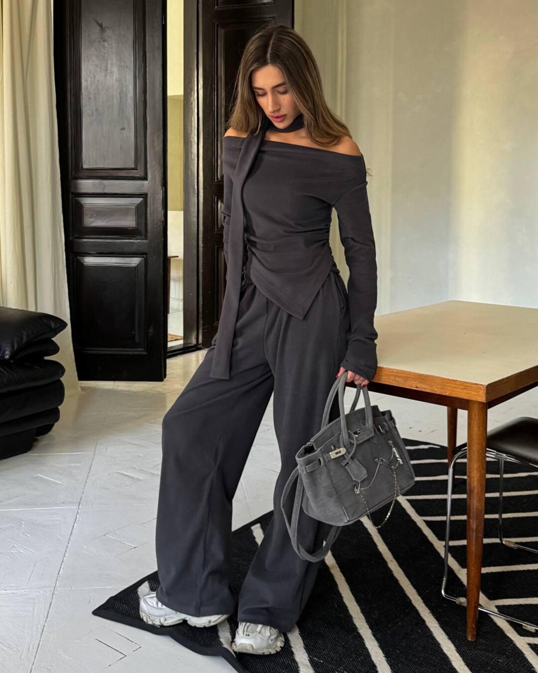 Grey Lounge Set for Women – Asymmetrical Microfleece Top With Scarf ...