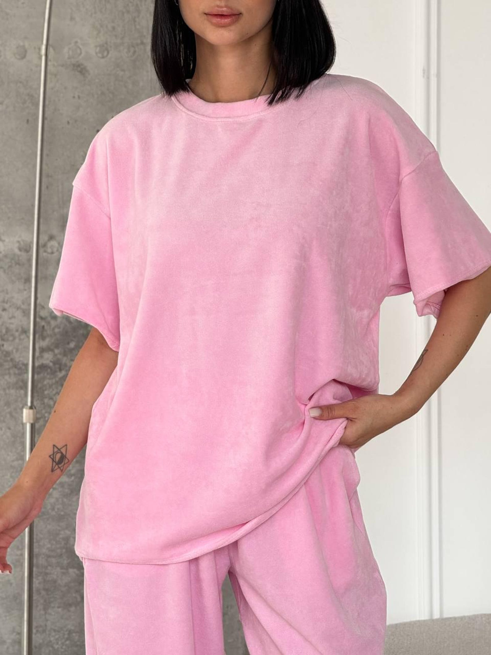 Pink Velour Tracksuit Women Limited Edition Cropped Sweatshirt Wide Leg ...