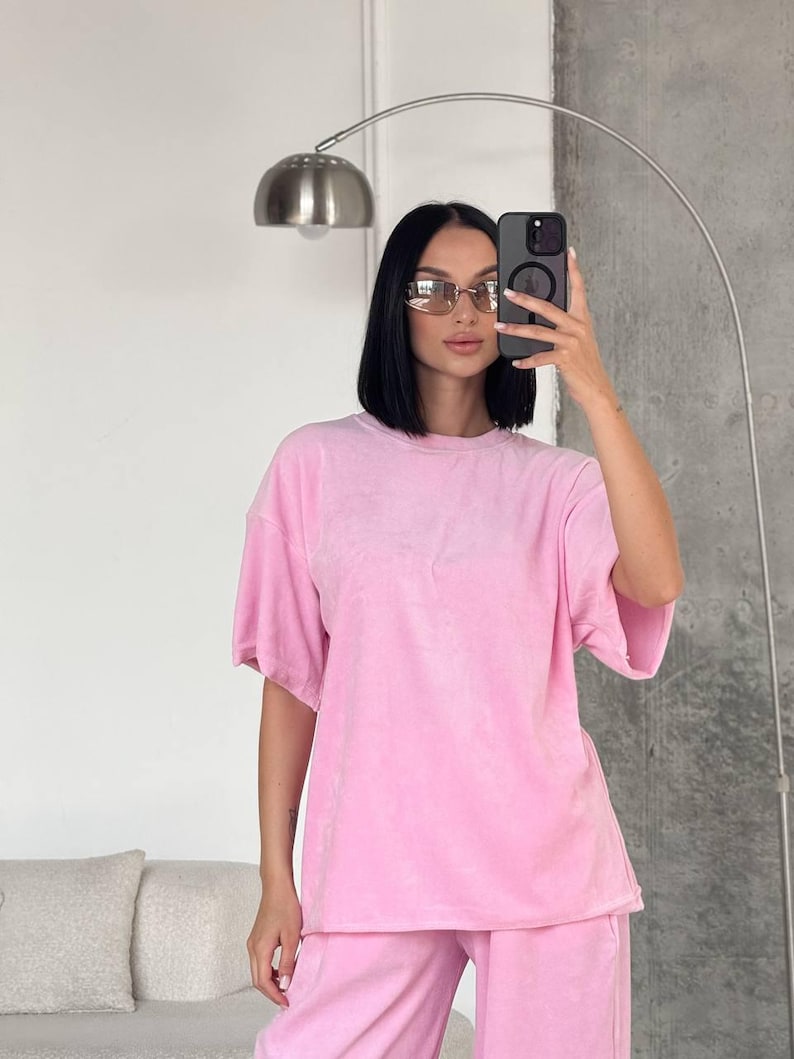 Pink Velour Tracksuit Women Limited Edition Cropped Sweatshirt Wide Leg ...