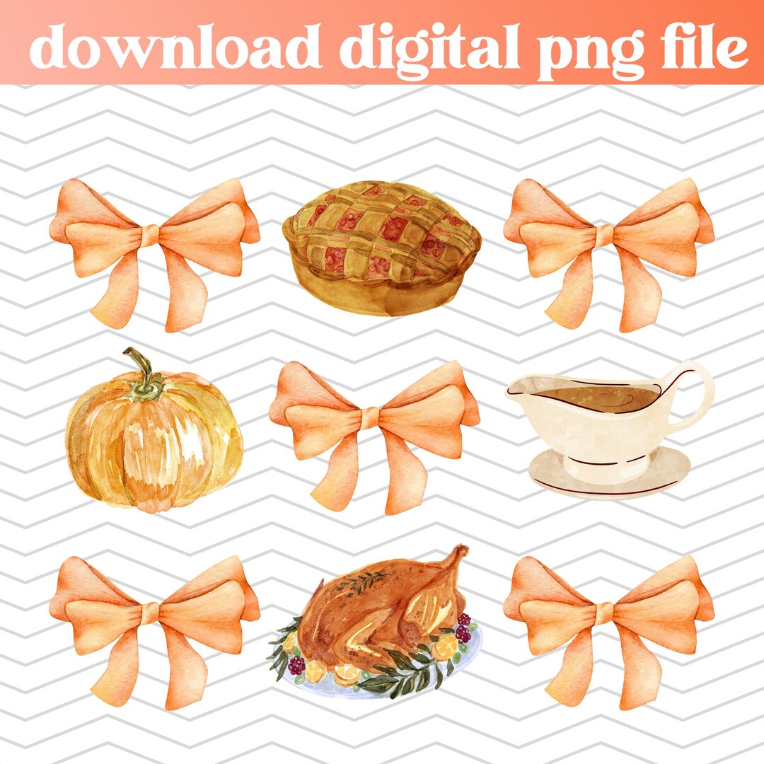 Coquette Thanksgiving Bows PNG, Preppy Turkey Day PNG File, Watercolor ...