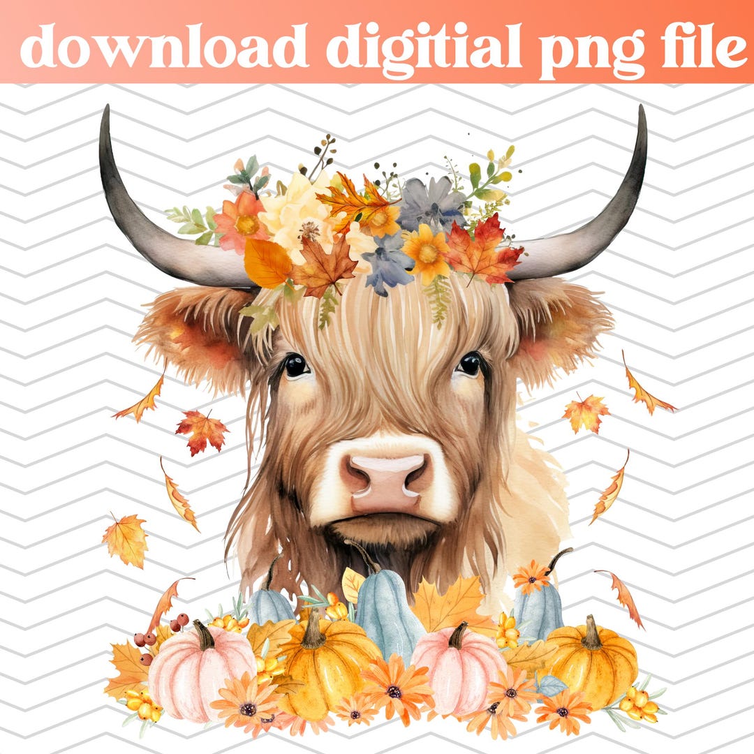 Fall Highland Cow PNG File, Watercolor Farm Animal Design, Halloween ...