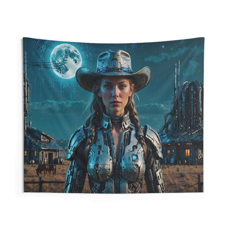 Cowgirl Wall Tapestry, Cybertech Cowgirl, Decor for Living Room, Cowboy ...