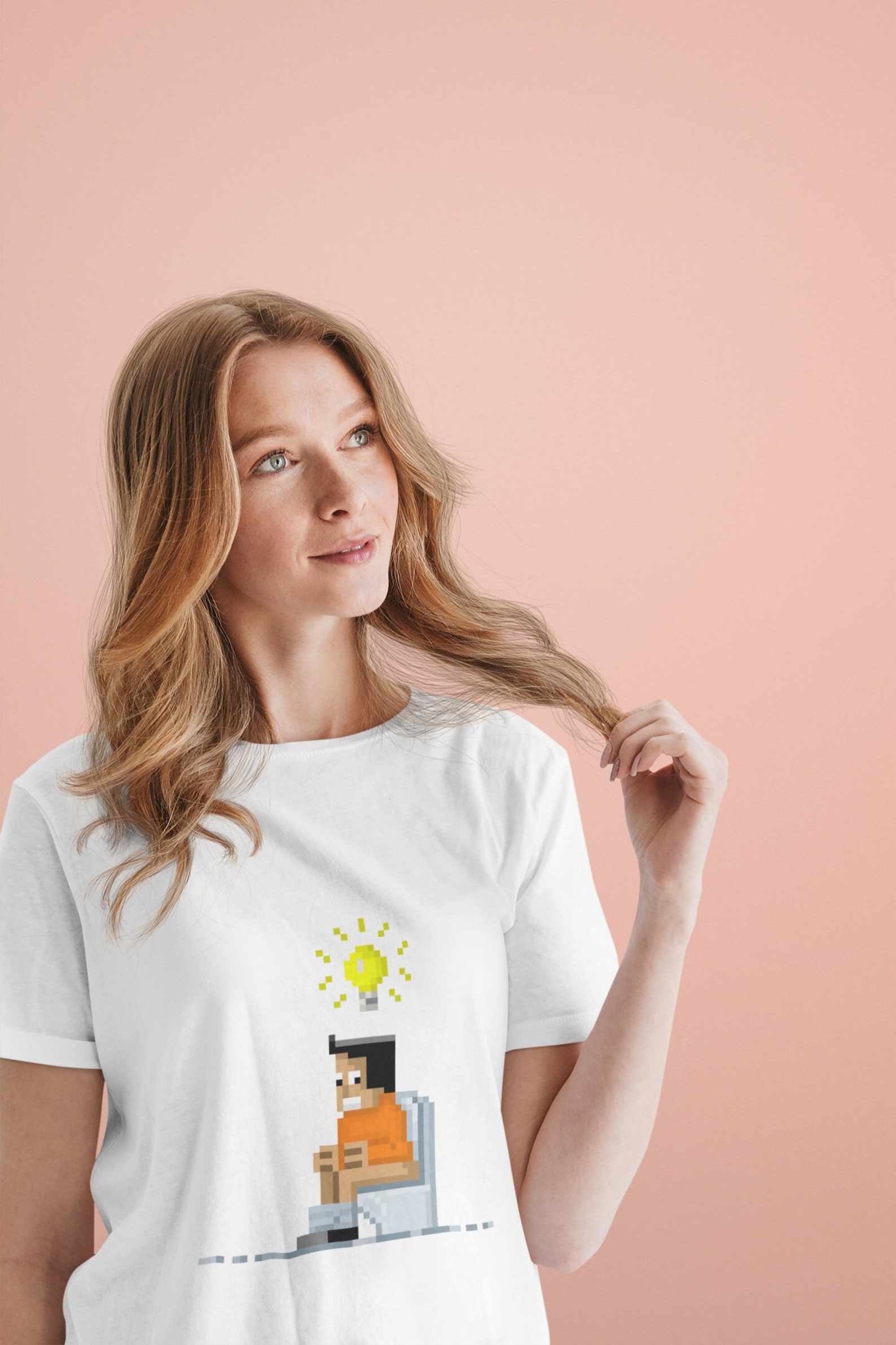 Thinking Man on Throne T-shirt, Pixel Art, Light Bulb Idea, Funny Shirt ...