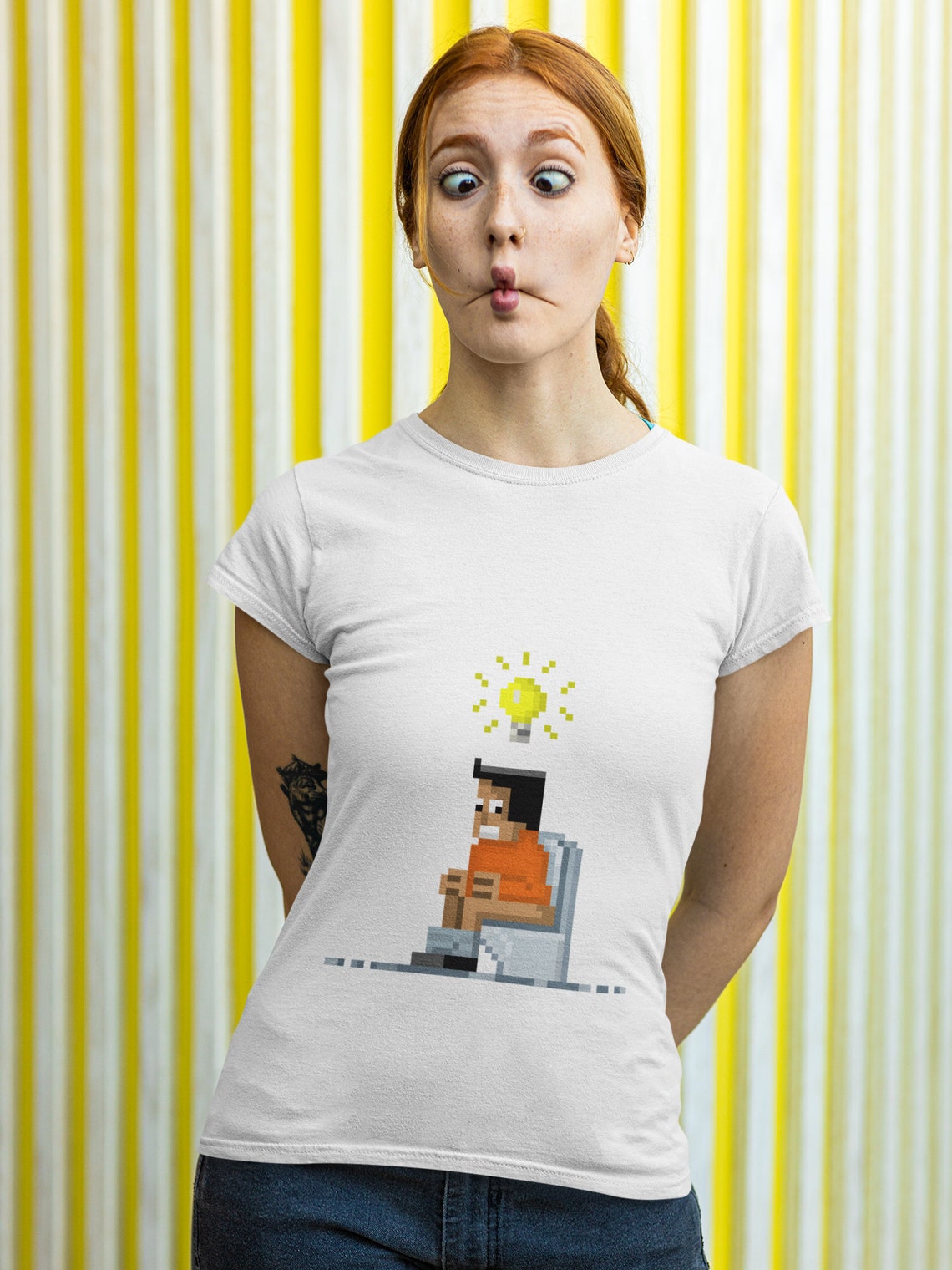 Thinking Man on Throne T-shirt, Pixel Art, Light Bulb Idea, Funny Shirt ...