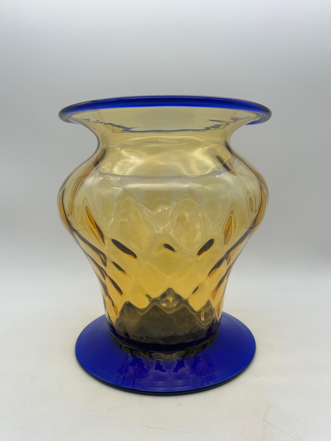 Blenko Amber Glass Vase With Cobalt Detail - Etsy