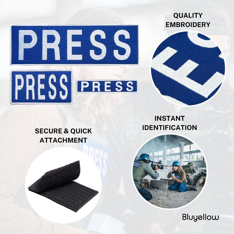 3-piece Set of Blue & White PRESS Patches Embroidered Velcro Hook ...