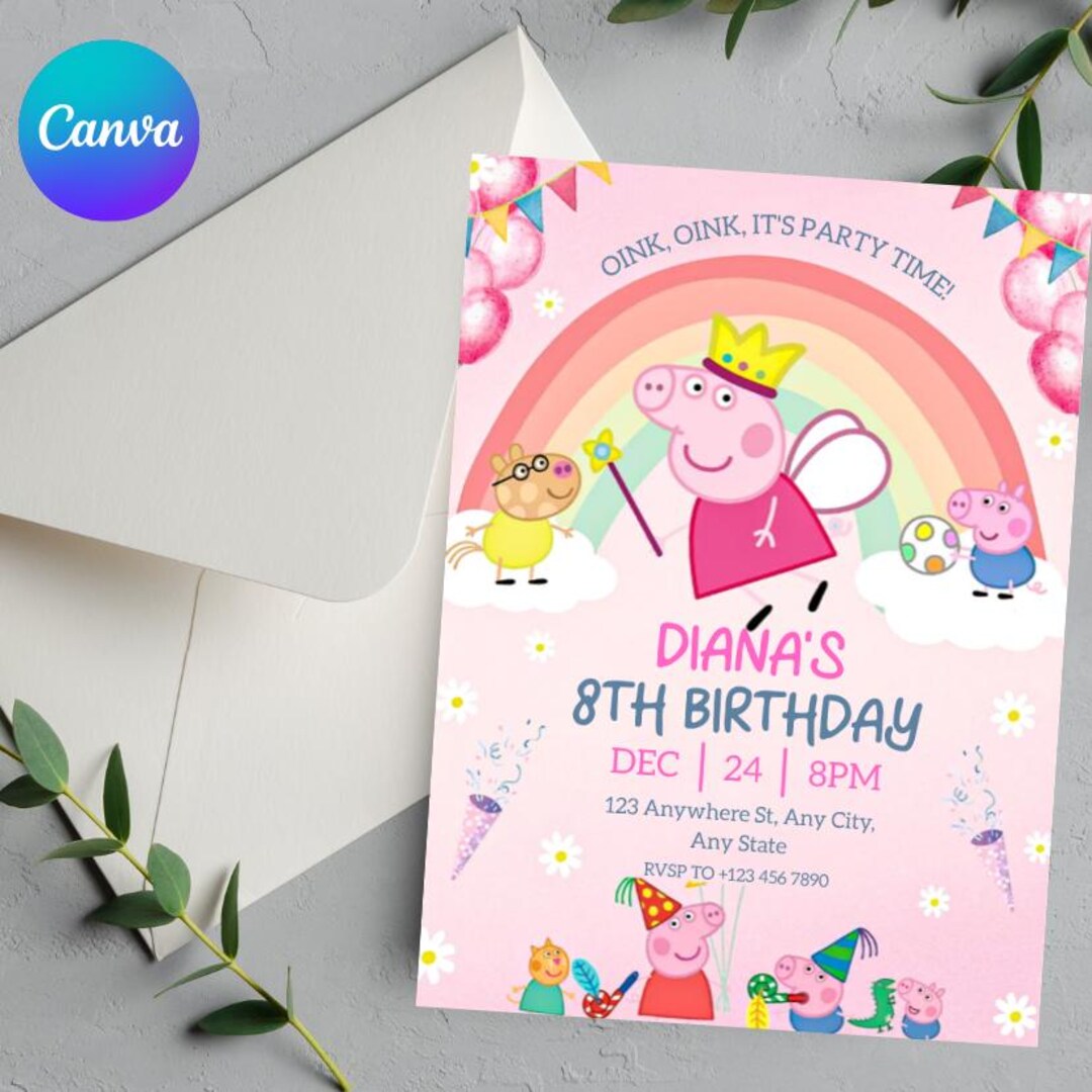 Peppa Pig Kids Party Invitation Template, Peppa Theme Children Invite ...