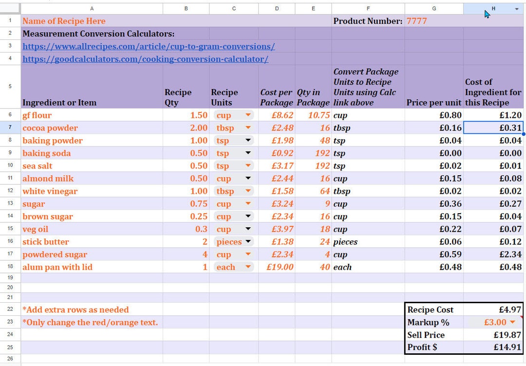 Super Easy Recipe Cost Calculator - Pounds - Etsy