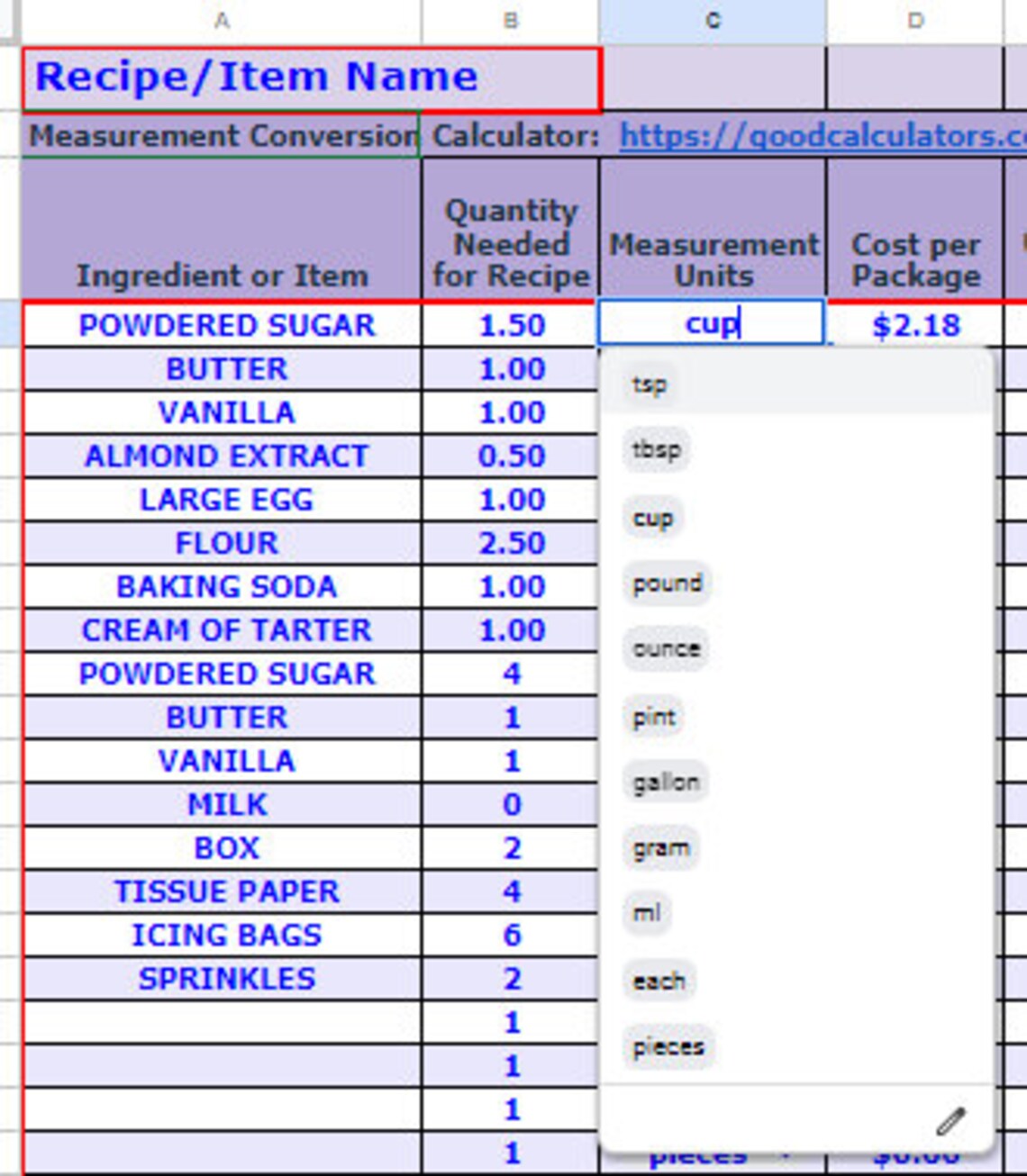 Super Easy Recipe Cost Calculator - Dollars - Etsy