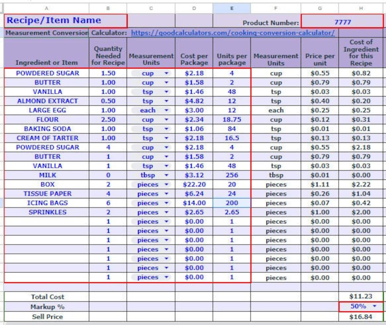 Super Easy Recipe Cost Calculator - Dollars - Etsy