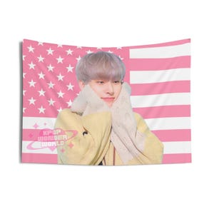 Ateez Mingi Pink America Flag Tapestry, Kpop Room Decor, Gift for Ateez ...