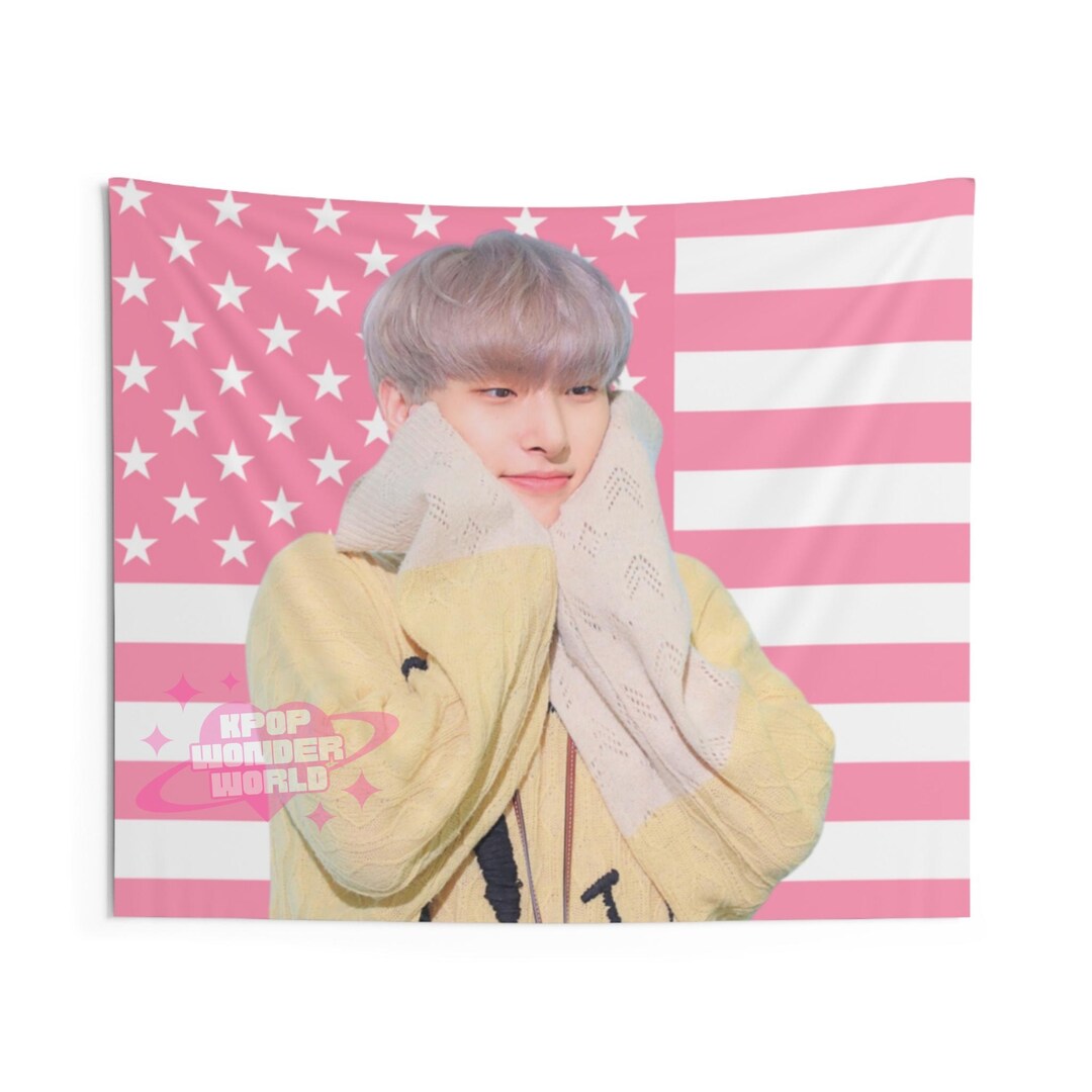 Ateez Mingi Pink America Flag Tapestry, Kpop Room Decor, Gift for Ateez ...