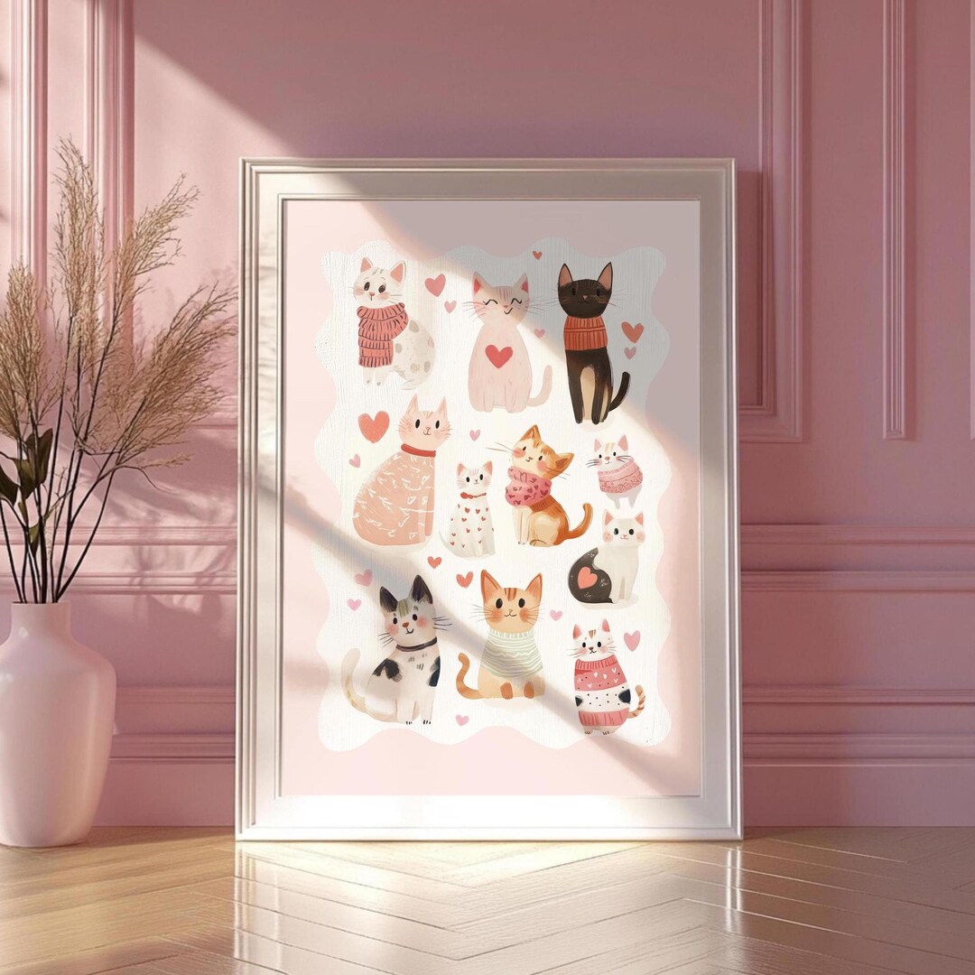 Pink Cat Painting Pink Cat Wall Art Cat Lover Pink Nursery Art Kids ...