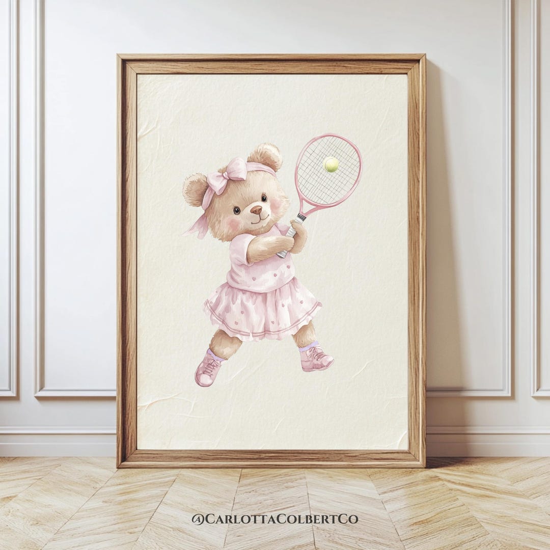 Vintage Tennis Bear Nursery Art, Bear Playing Tennis Girls Room, Bear ...