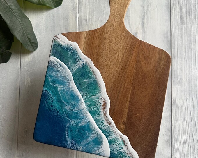 Natural Wood Ocean Wave Cutting Board With Handle, Epoxy Resin Wave ...