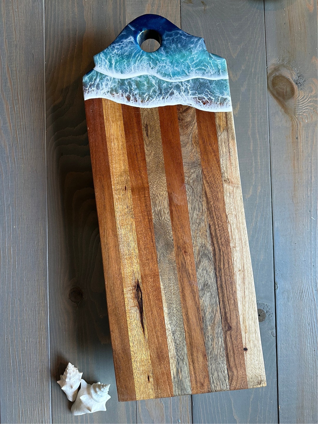 Large Acacia Wood Ocean Wave Cutting Board With Handle, Wedding Gift ...