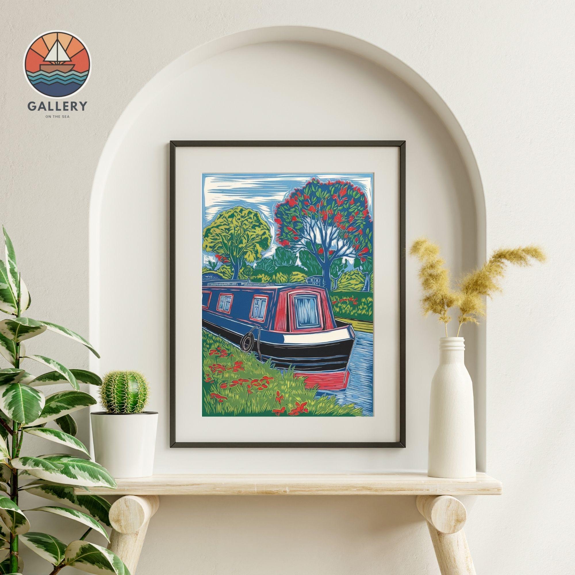Linocut Style Narrowboat Art Print: Canal Boat Poster - Etsy
