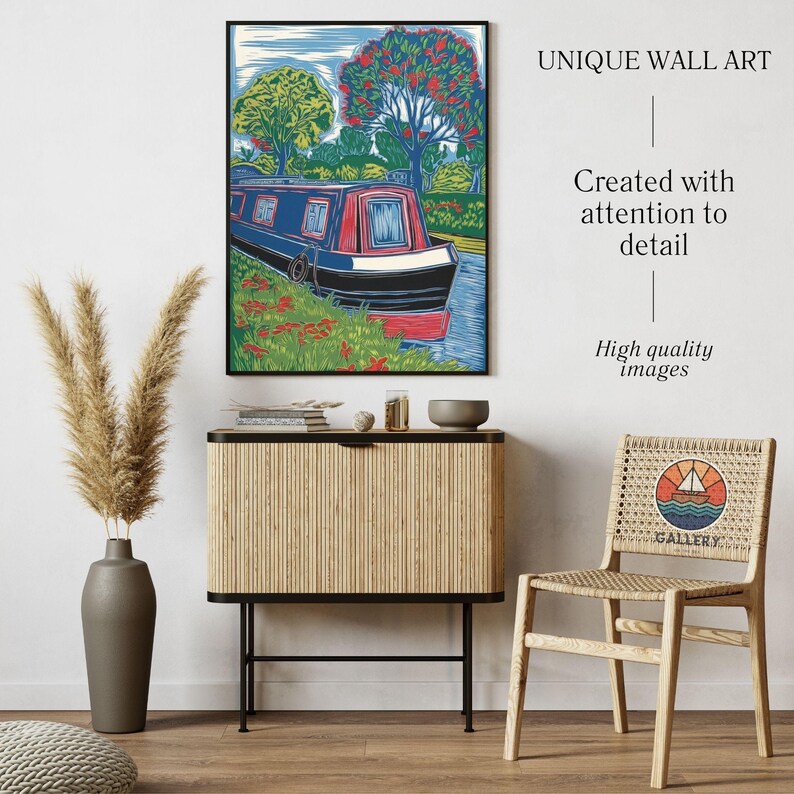 Linocut Style Narrowboat Art Print: Canal Boat Poster - Etsy