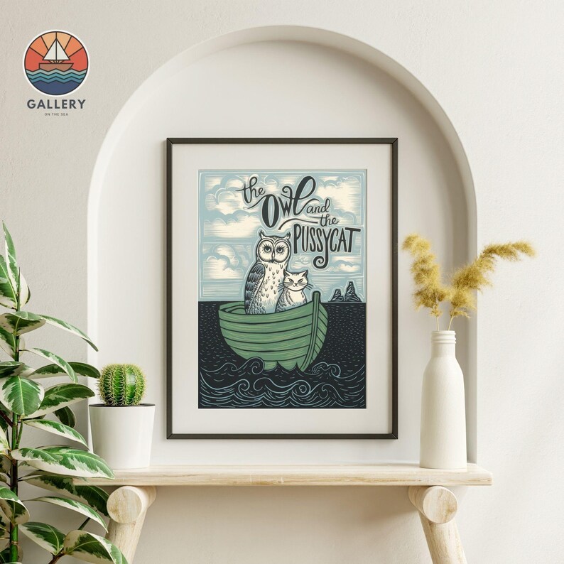 Owl and the Pussycat Print: Nursery Rhyme Linocut Wall Art - Etsy