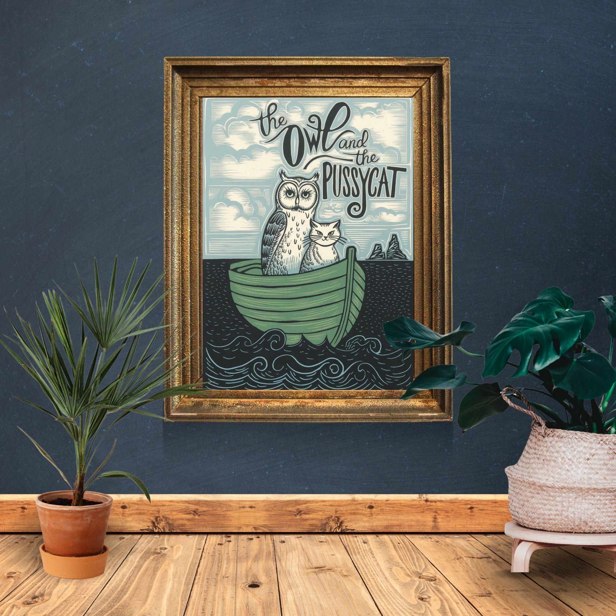 Owl and the Pussycat Print: Nursery Rhyme Linocut Wall Art - Etsy