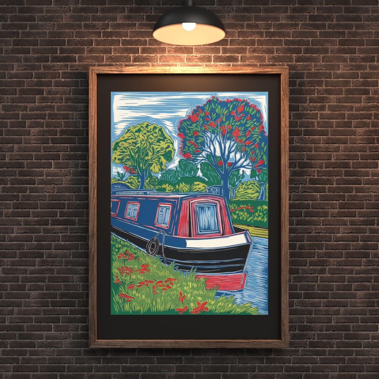 Linocut Style Narrowboat Art Print: Canal Boat Poster - Etsy