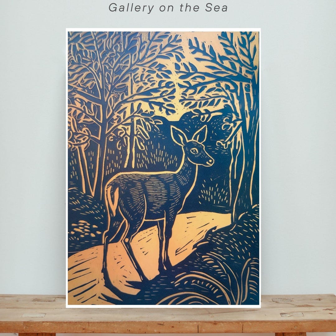 Linocut Style Deer in Woods Poster, Nature Wall Art, Forestcore Wall ...