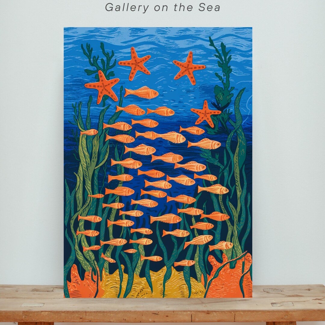 Vibrant Underwater Fish Linocut Poster, Eco-friendly Wall Art, Ocean ...
