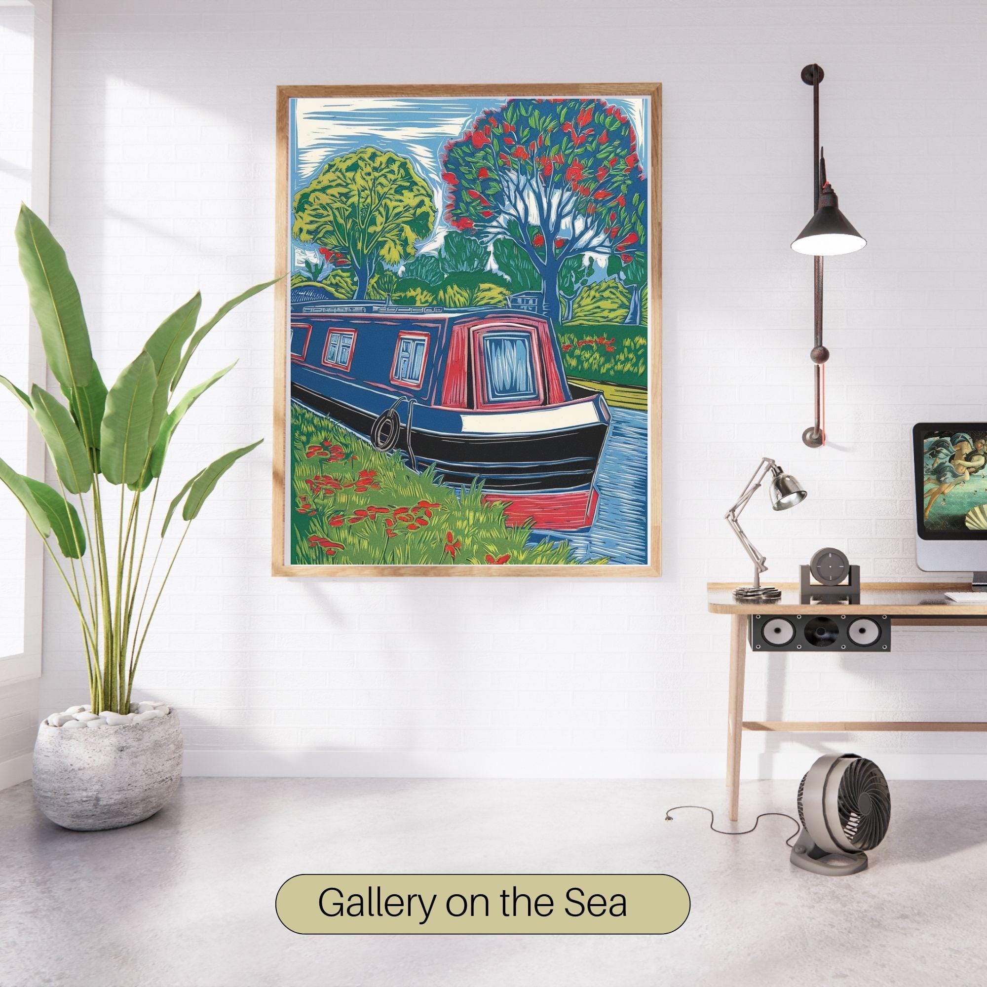 Linocut Style Narrowboat Art Print: Canal Boat Poster - Etsy