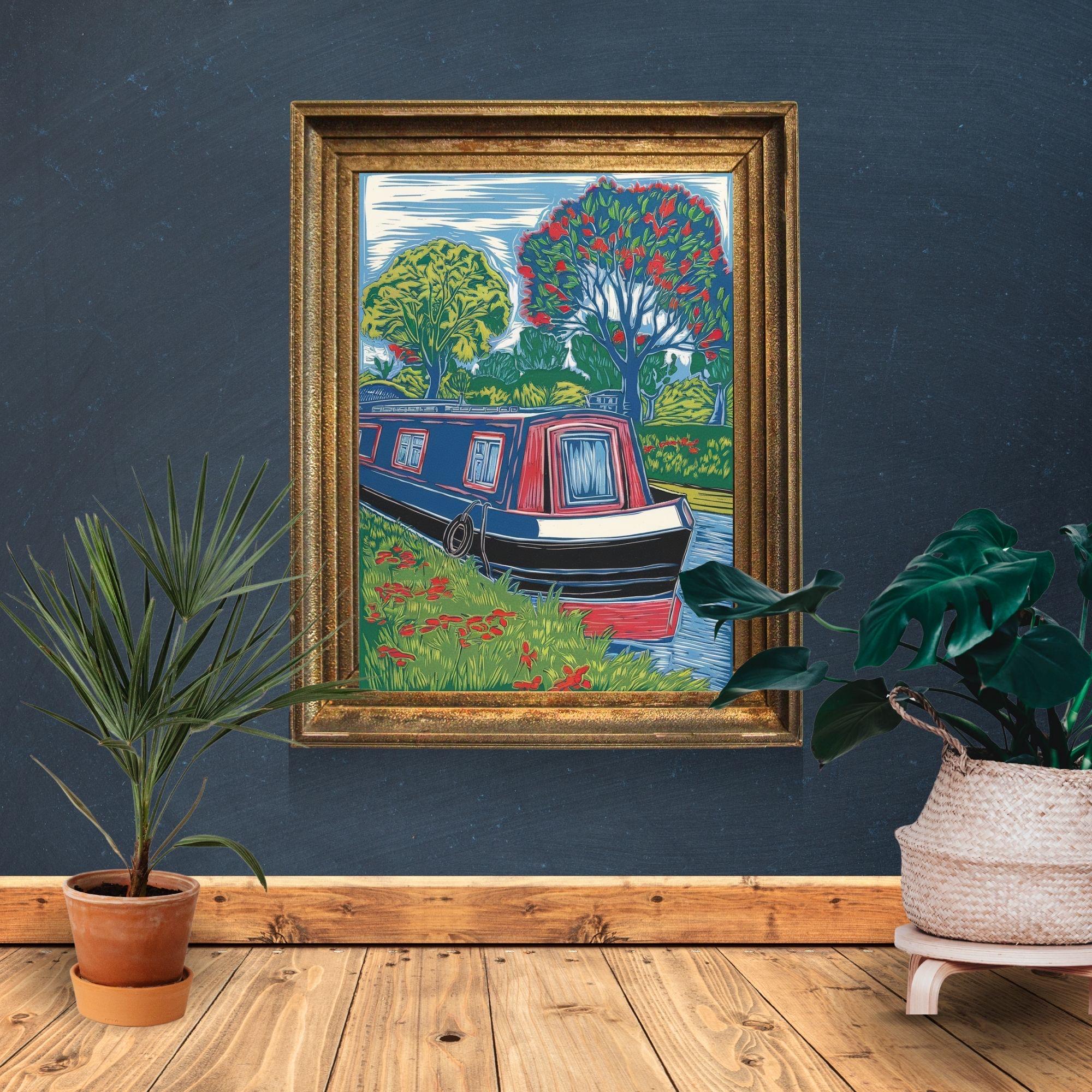 Linocut Style Narrowboat Art Print: Canal Boat Poster - Etsy