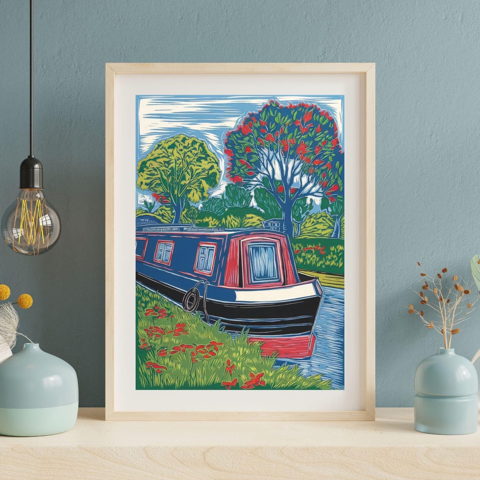 Linocut Style Narrowboat Art Print: Canal Boat Poster - Etsy