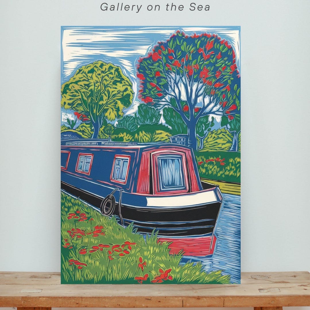 Linocut Style Narrowboat Art Print: Canal Boat Poster - Etsy