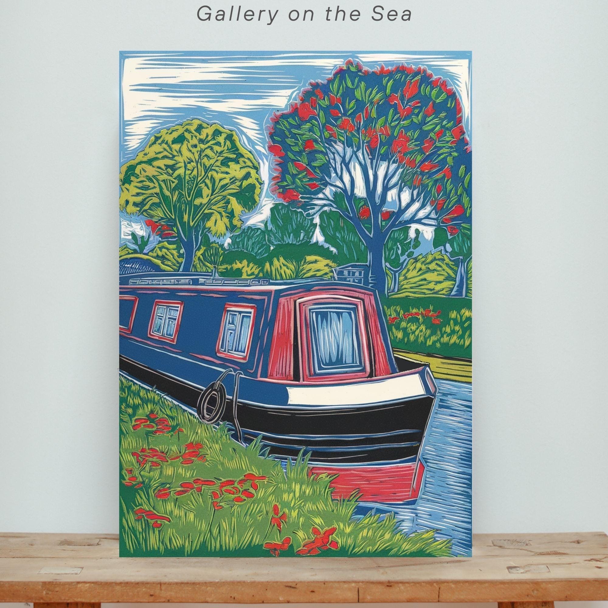 Linocut Style Narrowboat Art Print: Canal Boat Poster - Etsy