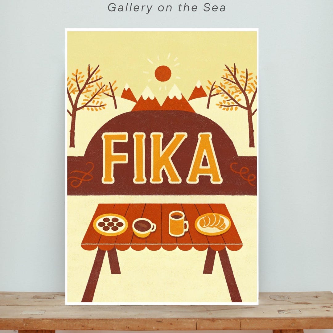 Fika Poster, Risograph Inspired Print - Cozy Scandinavian Coffee & Cake ...
