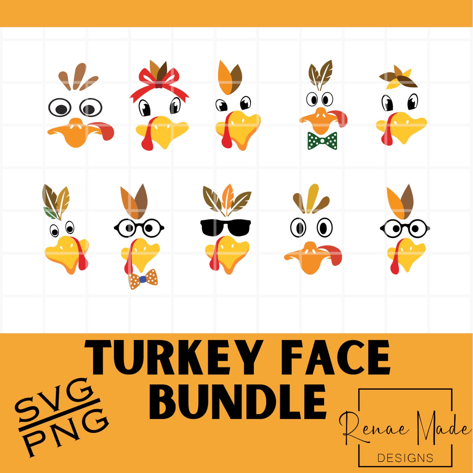 Turkey Face SVG Bundle, Turkey Face PNG Bundle, Thanksgiving Turkey ...