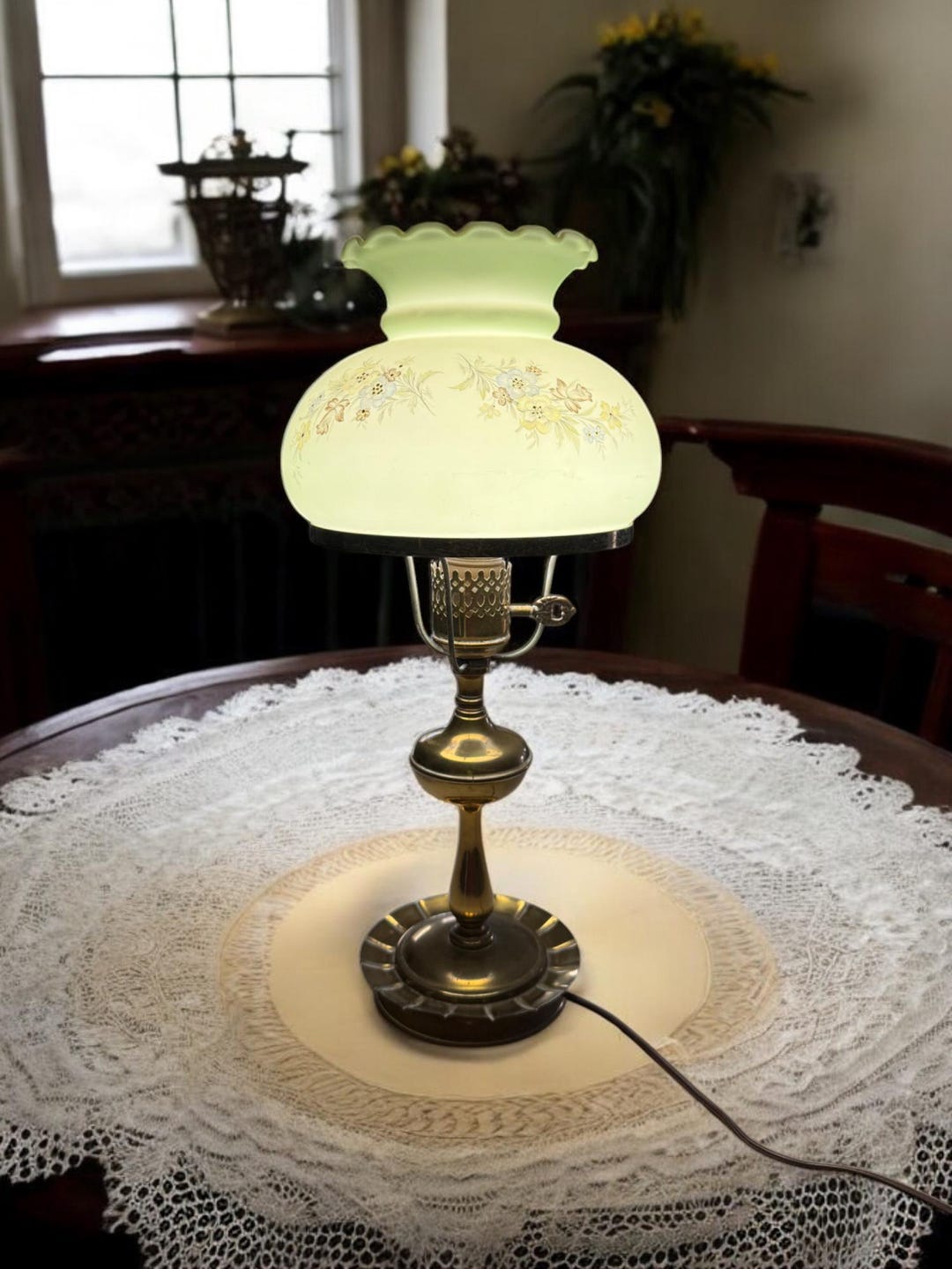 Vintage Hand-painted Floral Hurricane Lamp Electric Glass Globe Brass ...