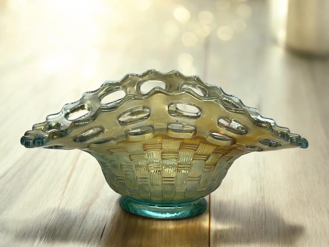 Fenton | Aqua Carnival Glass | Open Basketweave 2-sides up Bowl - Etsy