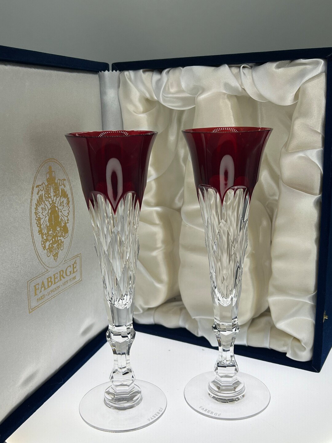 Fabergé Ruby Red Crystal Champagne Flute (pair + Velvet/silk Box ...